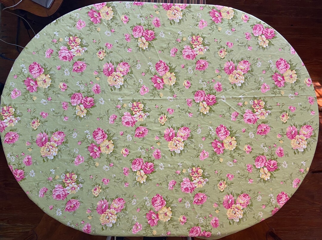 Great Vintage 1990s Celadon Green Tablecloth Covered in Pink and Yellow ...