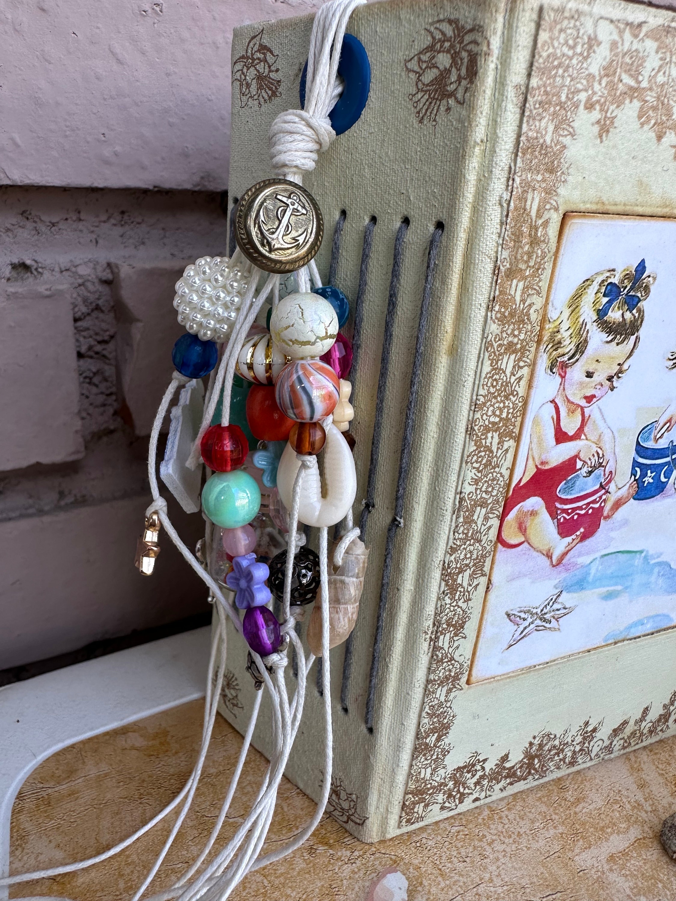 Mini Junk Journal Handmade Hard Cover Journal Vintage Children at the Sea Summer Themed Junk ...