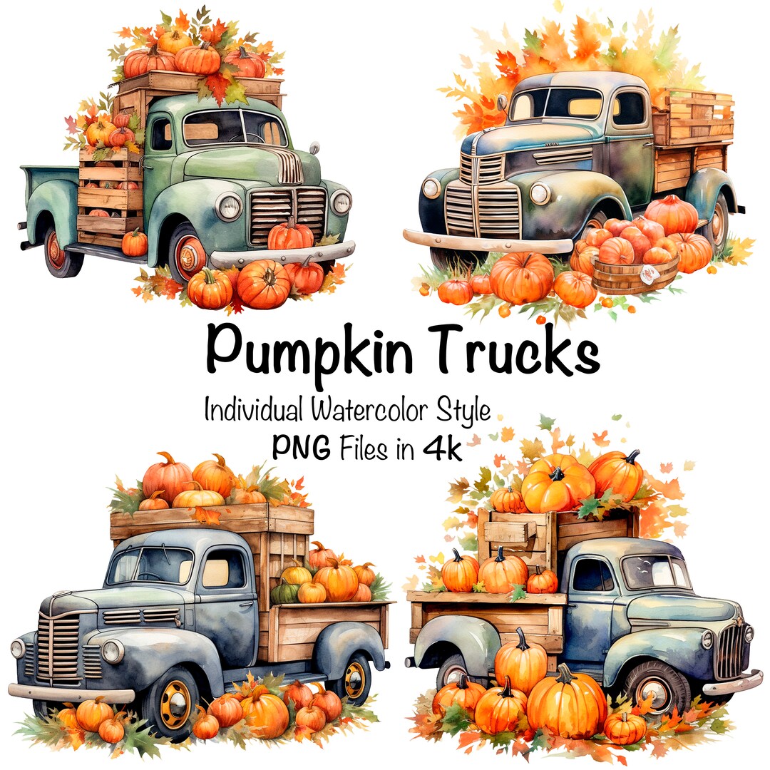 Watercolor Vintage Pickup Truck With Pumpkins Clipart for - Etsy
