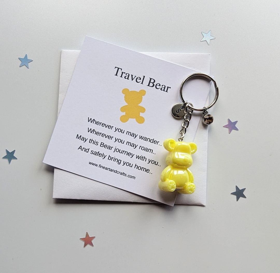 Yellow Travel Bear Keychain, Teddy Bear Bag Charm, Personalised ...