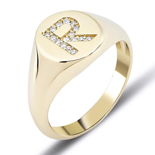 Initial Ring / Diamond Initial Ring / 14k Gold Signet Ring / | Etsy