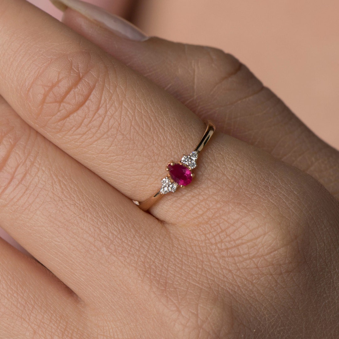 Minimalist Ruby and Diamond Ring in 14K Solid Gold / Genuine - Etsy
