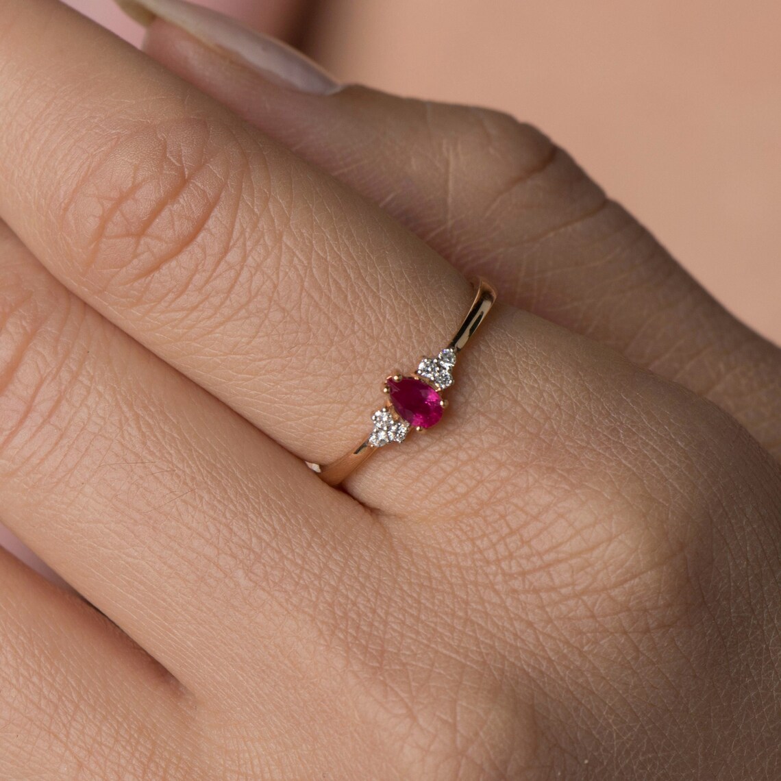 Minimalist Ruby and Diamond Ring in 14K Solid Gold / Genuine - Etsy