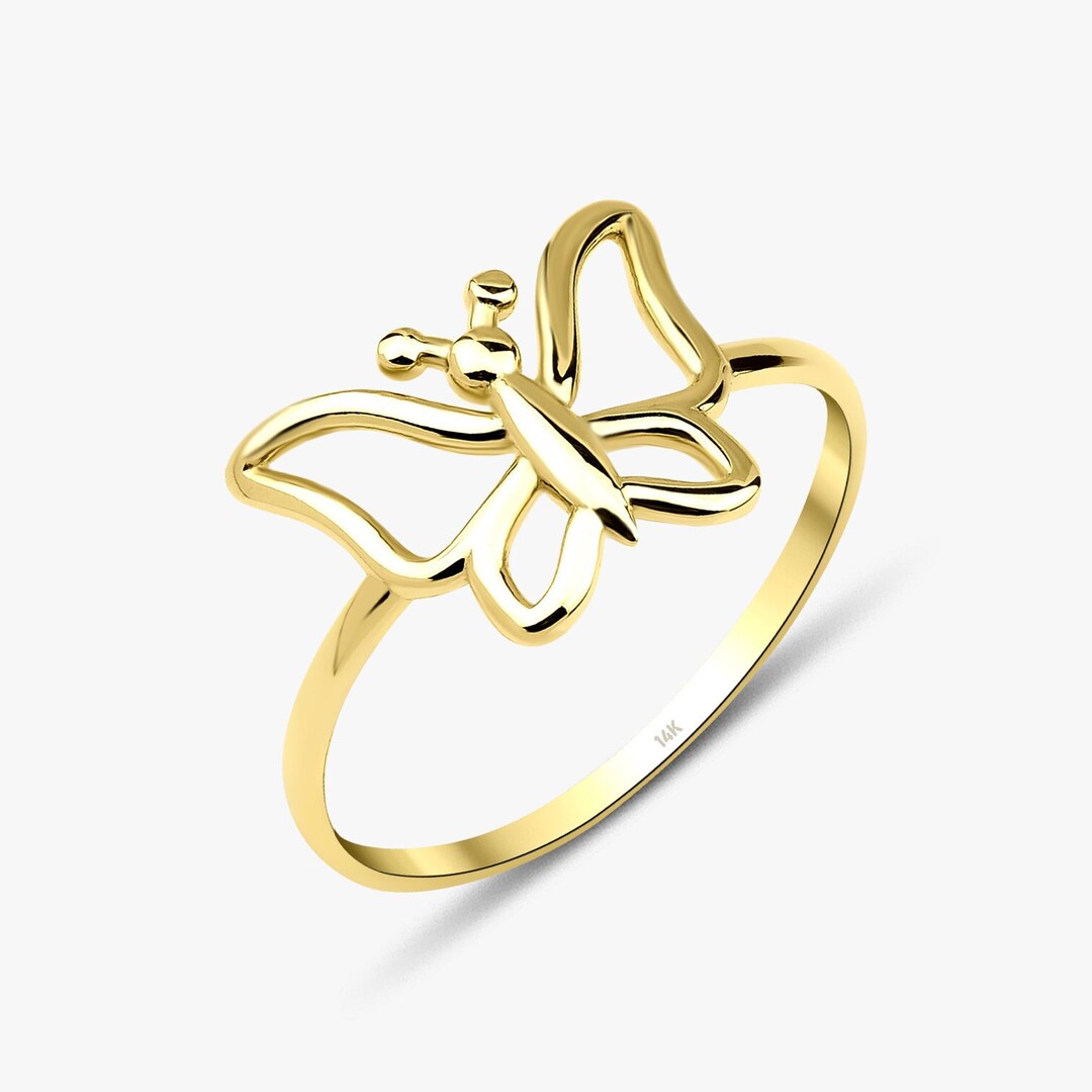 14K Gold Butterfly Ring, Dainty Butterfly Ring, Solid Gold Ring, Fine ...