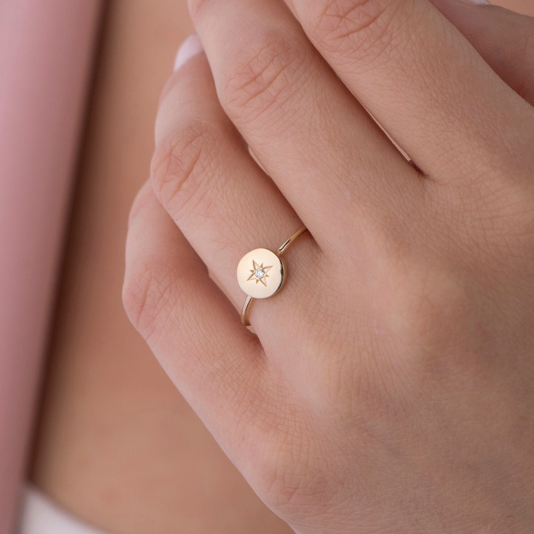 Diamond Circle Ring / 14K Diamond Starburst Circle Ring / 14K - Etsy