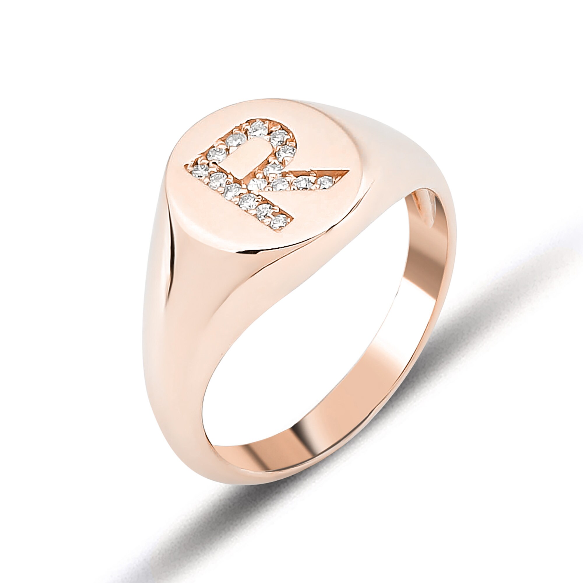 Initial Ring / Diamond Initial Ring / 14k Gold Signet Ring / | Etsy