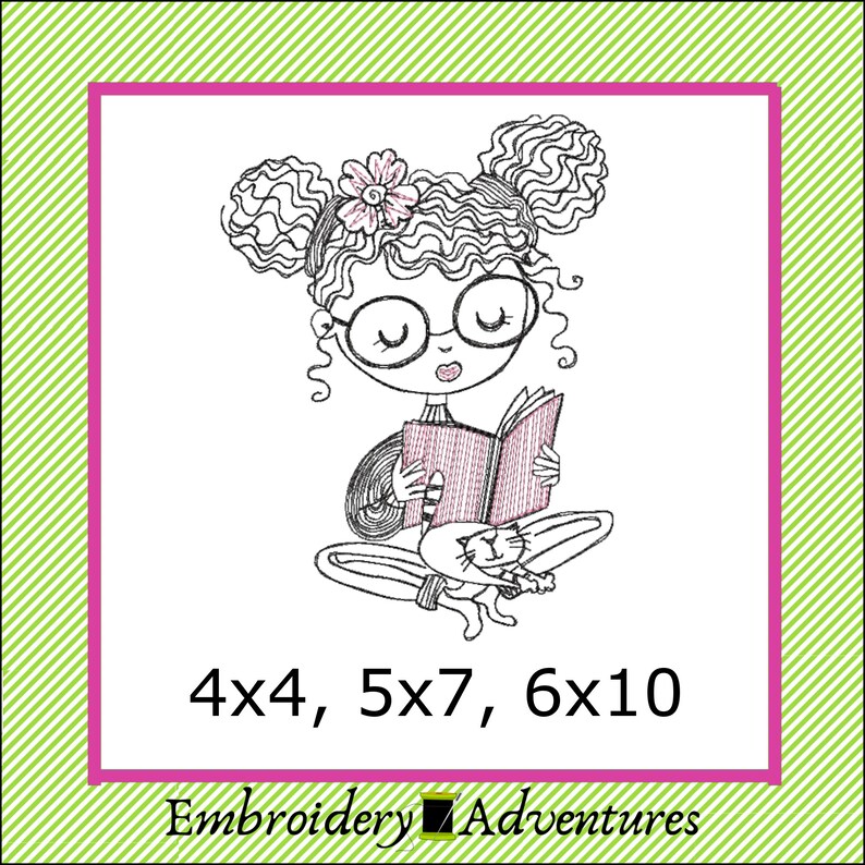 Girl Reading a Book with Cat Machine Embroidery Design. | Etsy