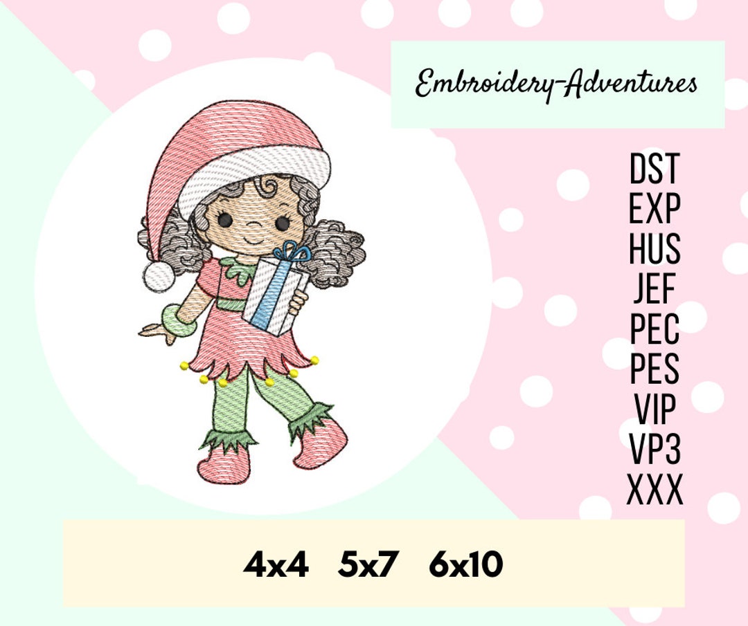 Christmas Elf Girl With Gift Sketch Machine Embroidery Design. Multiple ...