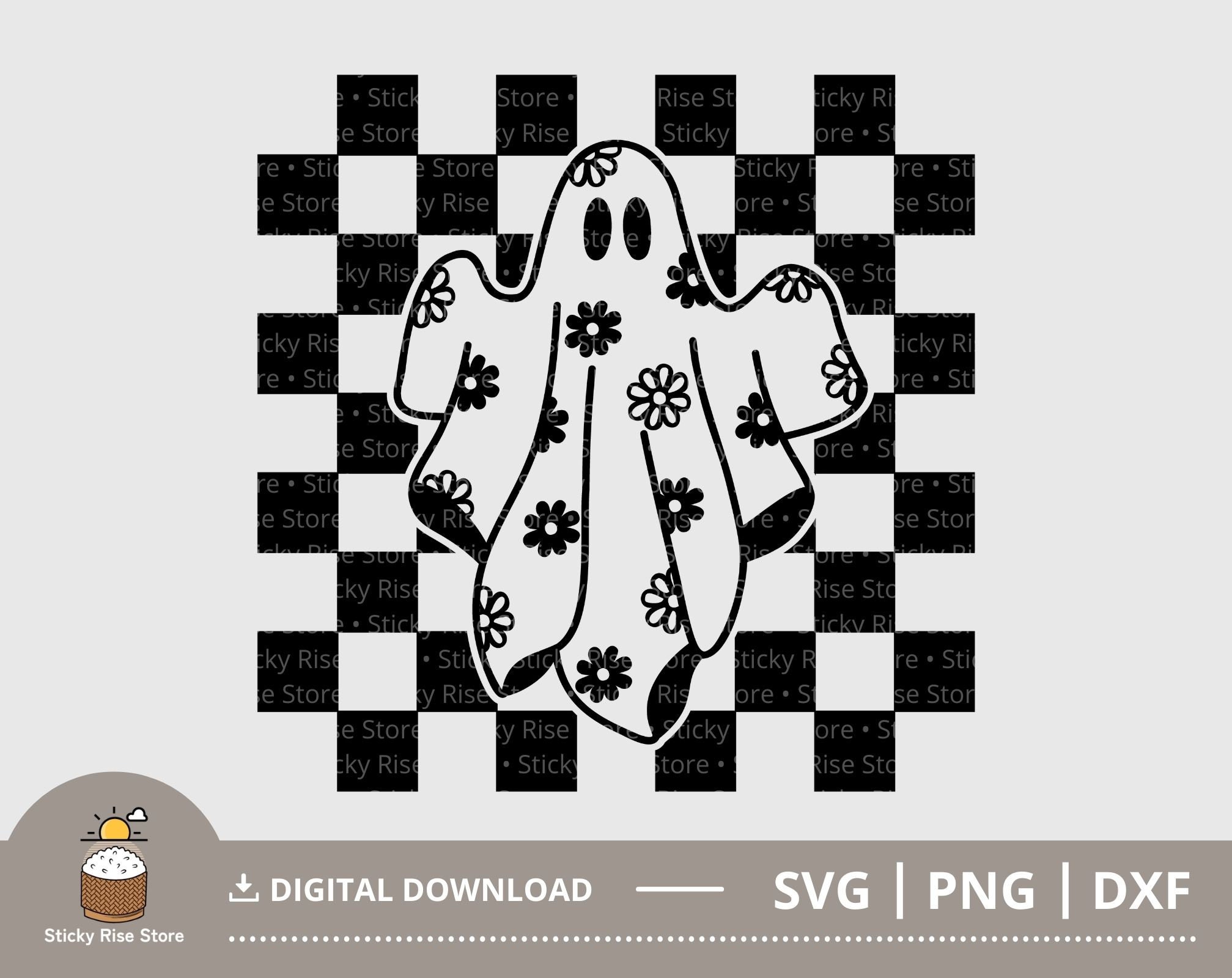 Checkered Daisy Ghost Svg Png, Floral Ghost Svg, Cute Halloween Ghost ...