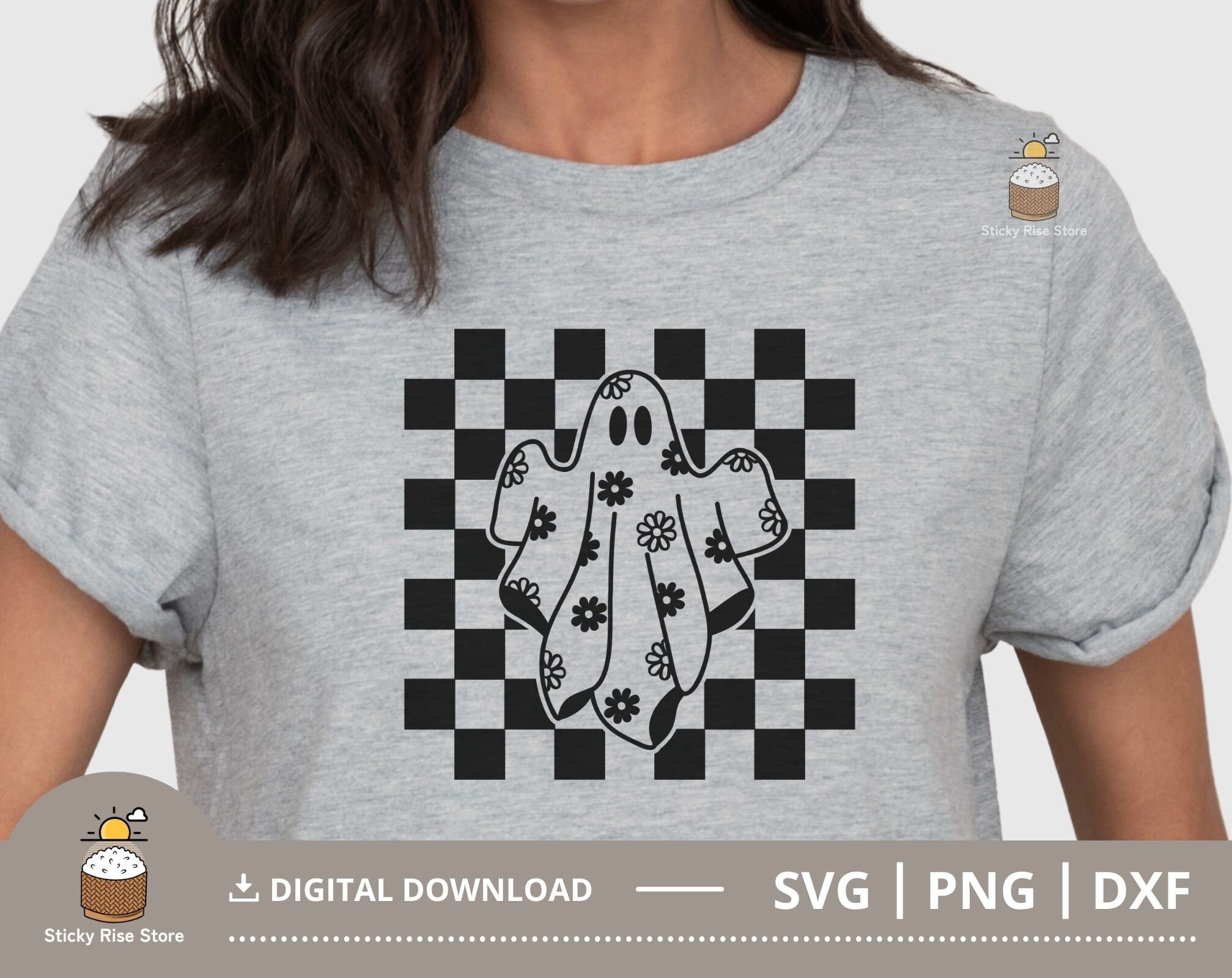 Checkered Daisy Ghost Svg Png, Floral Ghost Svg, Cute Halloween Ghost ...