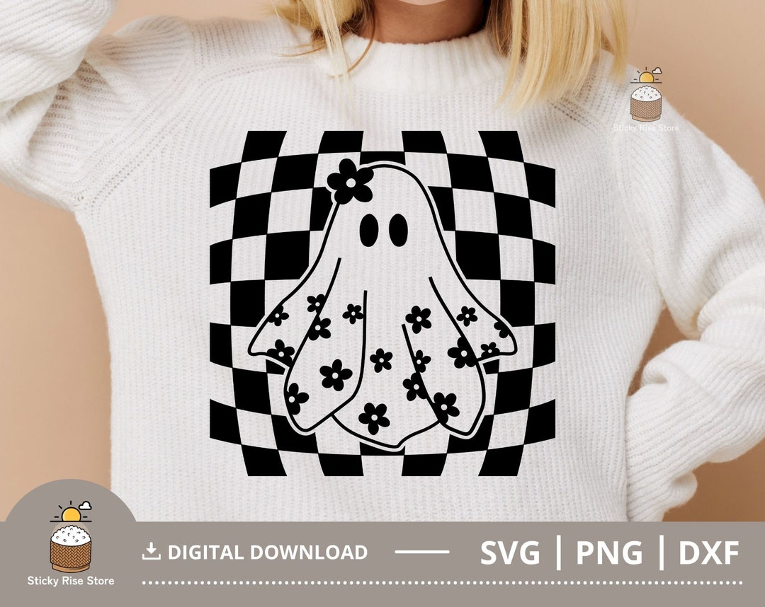 Checkered Daisy Ghost Svg Png, Floral Ghost Svg, Cute Halloween Ghost ...