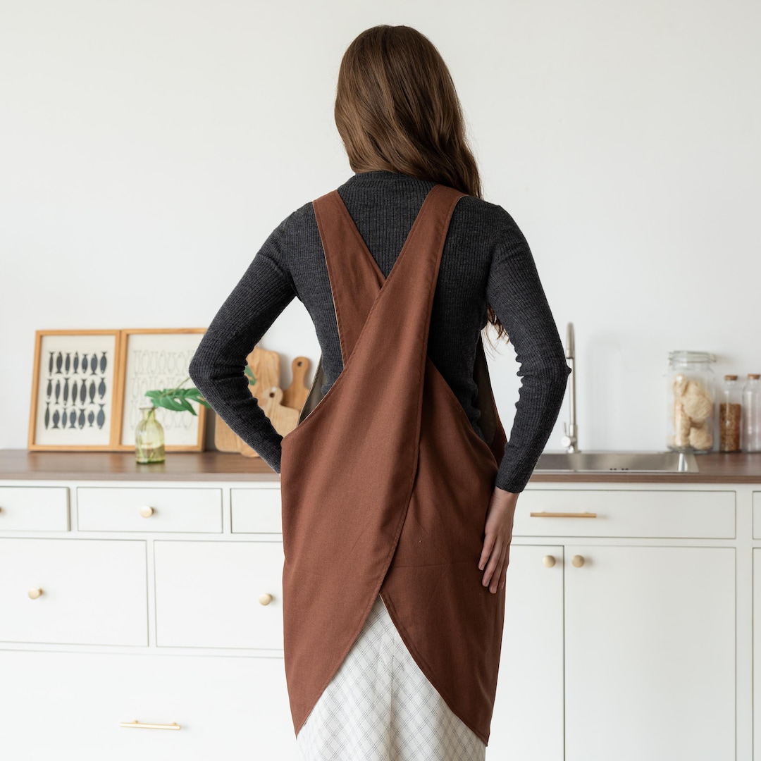 Reversible Linen Apron With Pockets, Double Layer Cross Back Apron, 2 ...