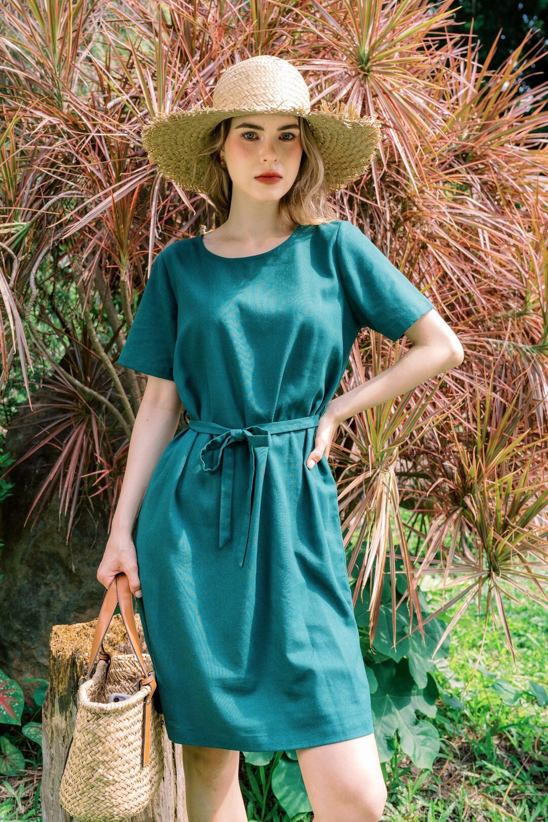 Linen Dress With Belt, Short Linen Dress, Flare Dress for Woman, Olive ...