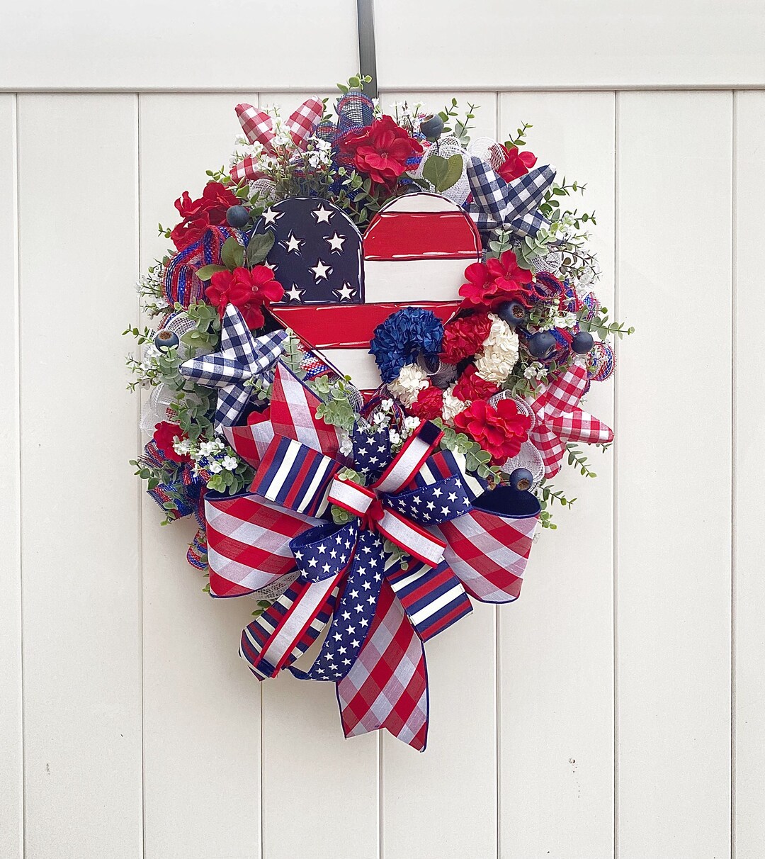 Patriotic Heart Wreath, Red White and Blue Summer Wreath, 4th of July ...