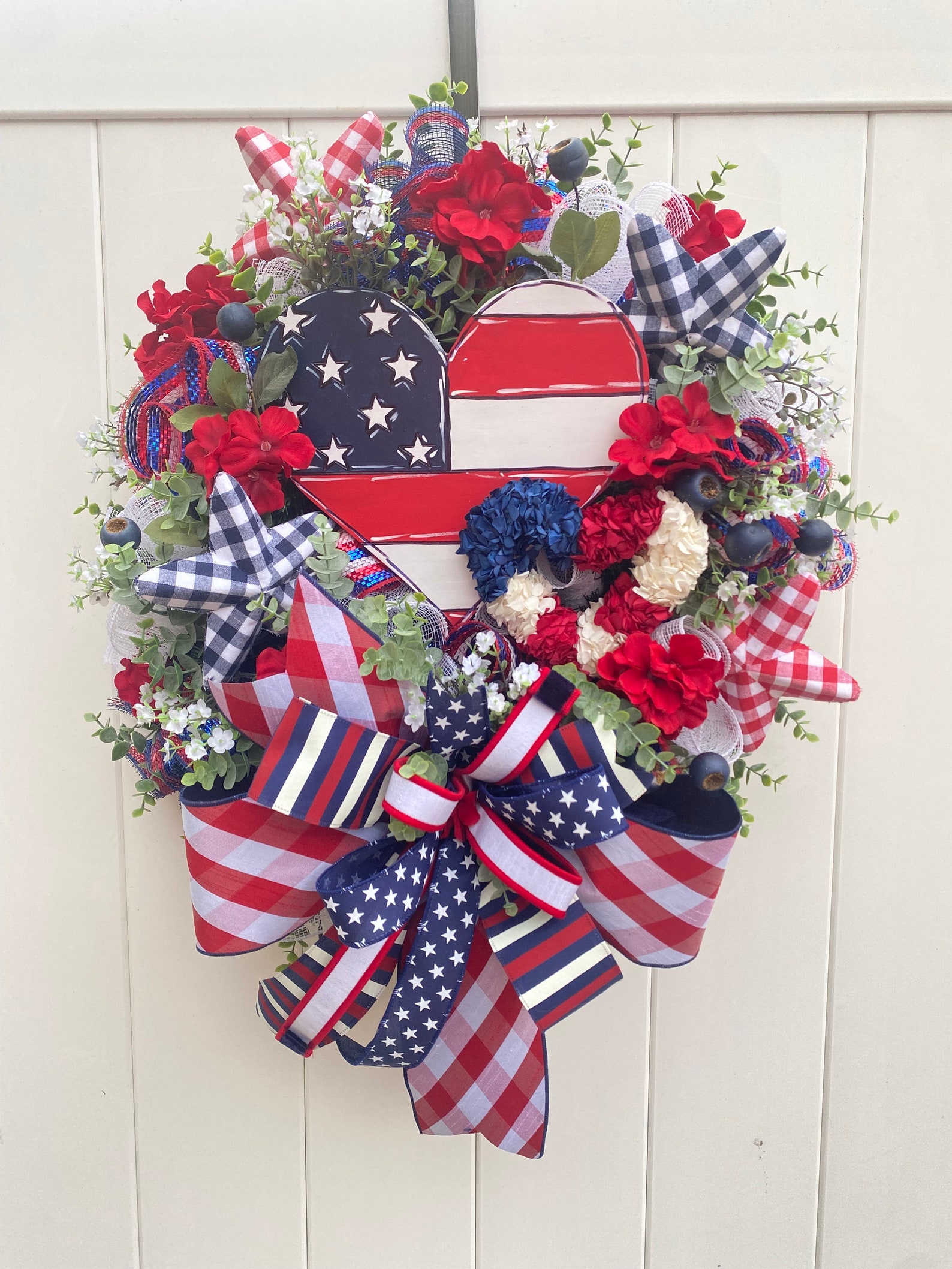Patriotic Heart Wreath, Red White and Blue Summer Wreath, 4th of July ...