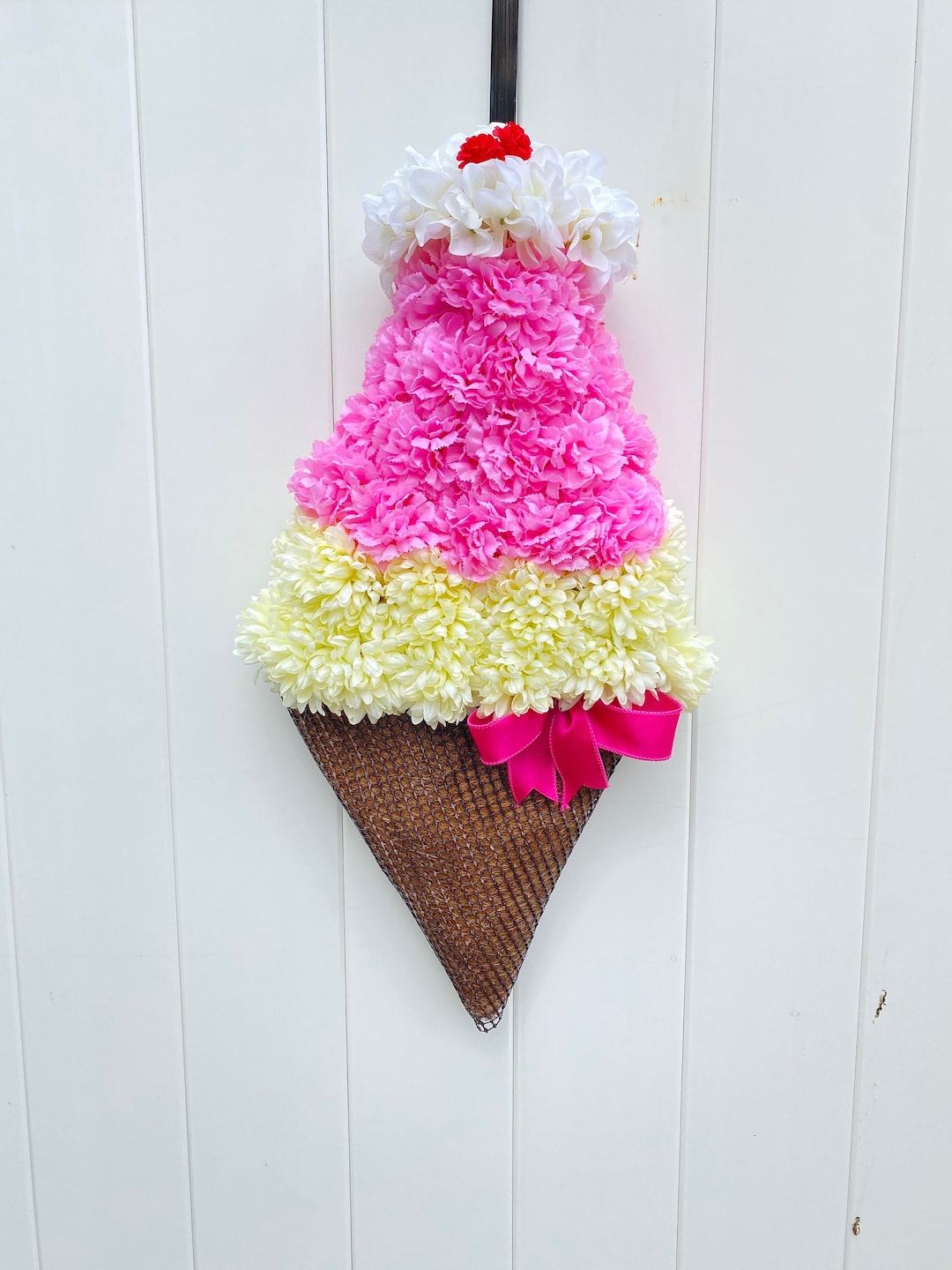 Ice Cream Cone Wreath, Summer Floral Ice Cream Wreath, Pink and White ...