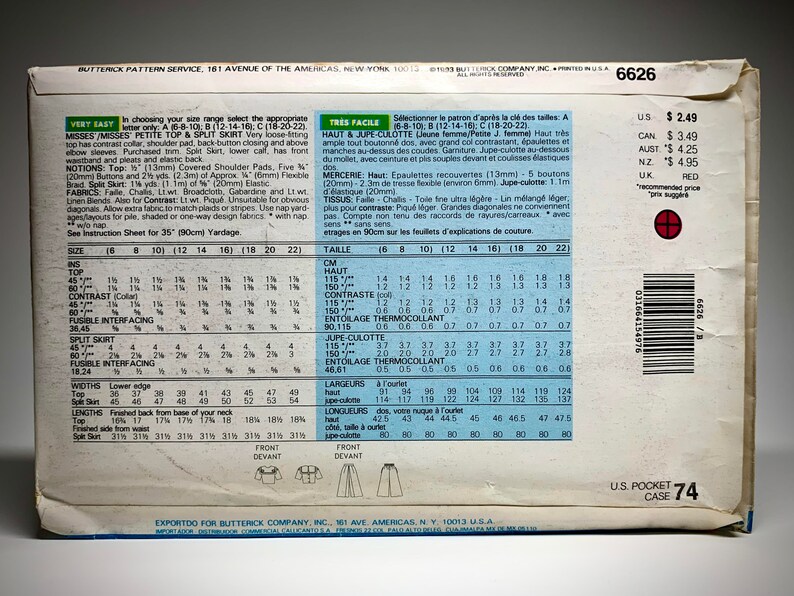 Buy Butterick See & Sew Pattern 6626 Top and Split Skirt Sizes: 12-14 ...