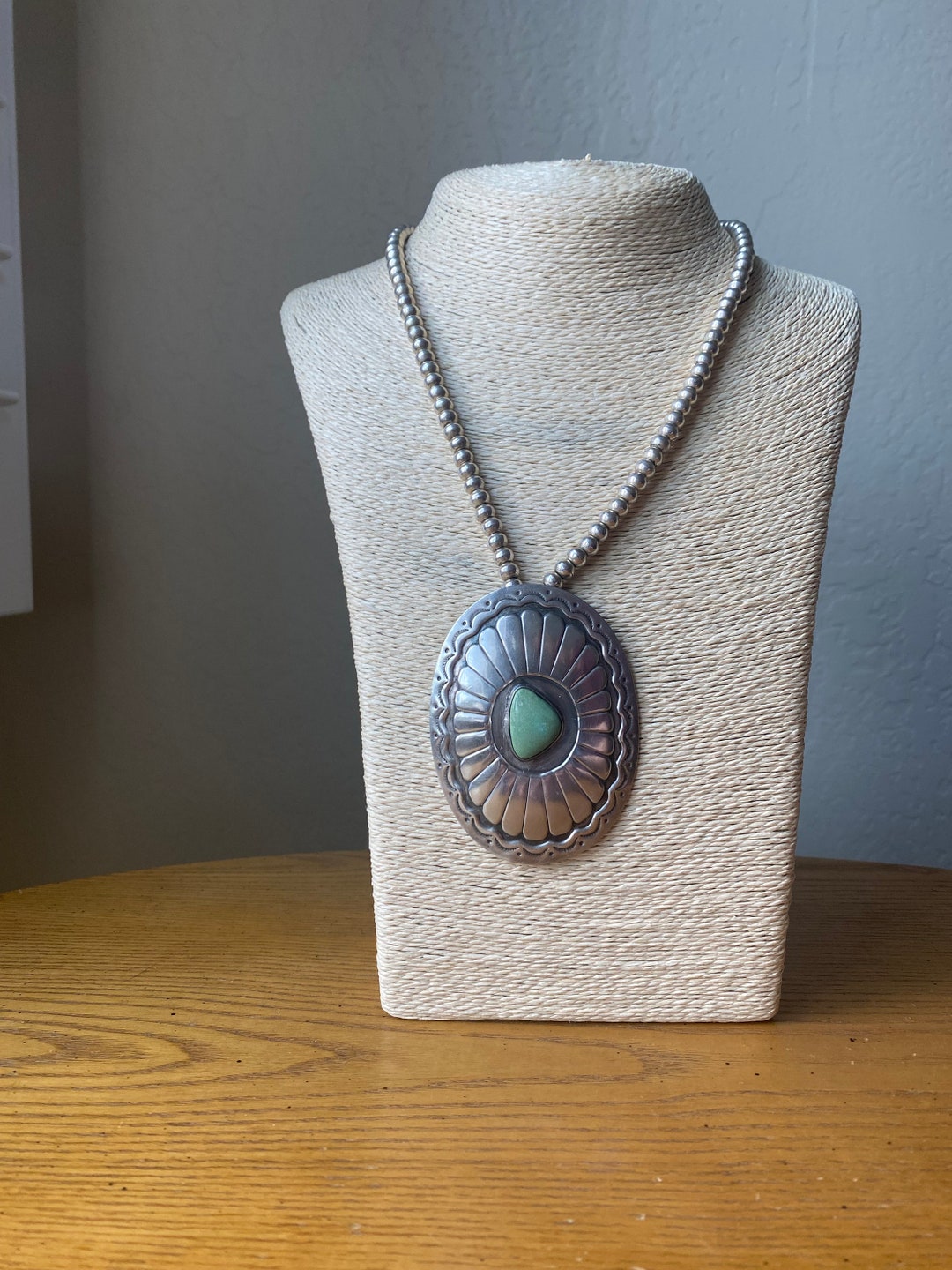Very Large Mid-century Navajo Concho Pendant With Green Turquoise, on ...