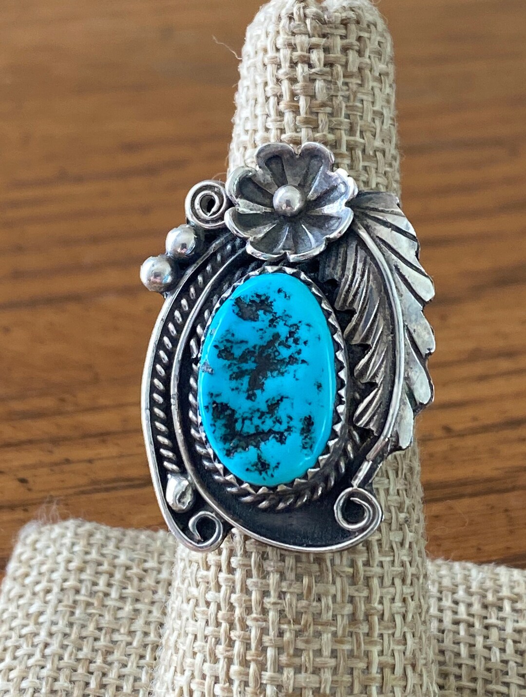 Vintage Navajo Sky Blue Turquoise & Sterling Silver Foliate Ring, Size ...