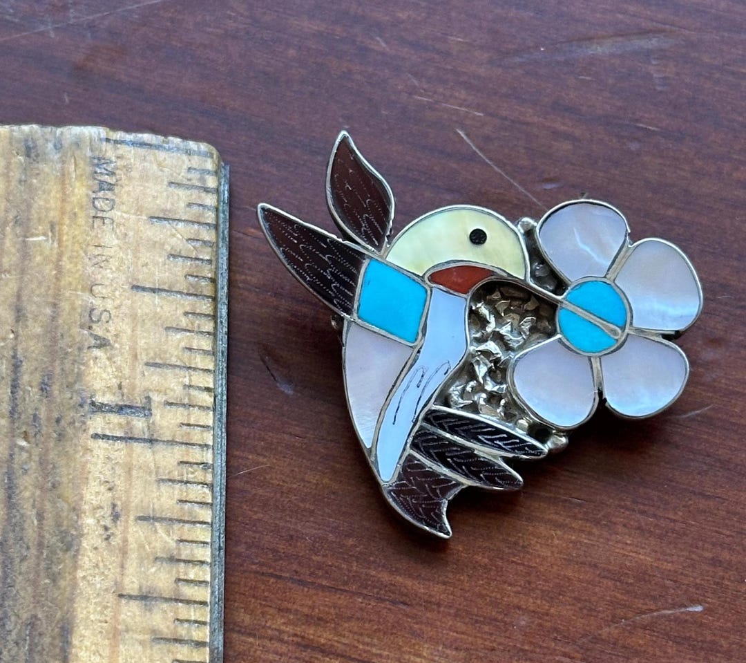 Vintage Zuni Hummingbird and Blossom Pin/pendant With Turquoise, Mother ...