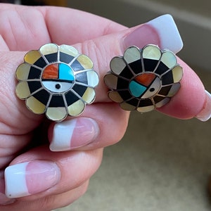 Vintage Zuni Sterling Silver & Multi-stone Inlay Sun Father Clip-on ...