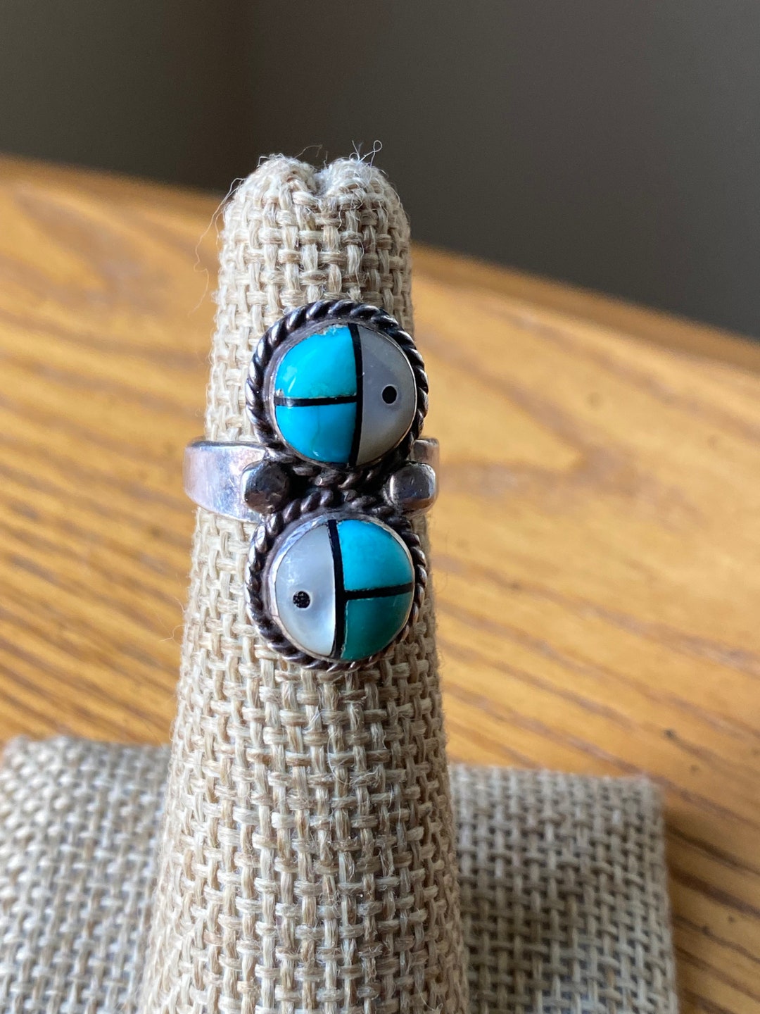 Vintage Zuni Turquoise and Mother of Pearl Double Sun Face Ring, Size 3 ...