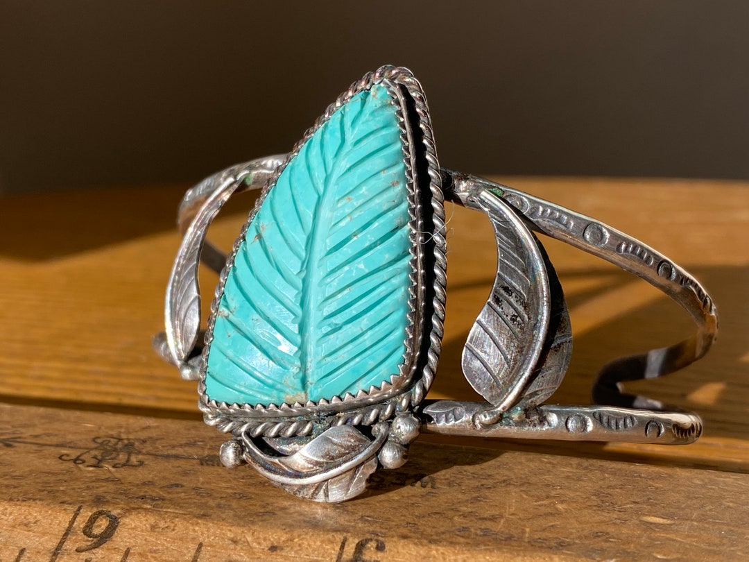 Vintage Navajo Carved Turquoise & Sterling Silver Foliate Cuff, Size ...