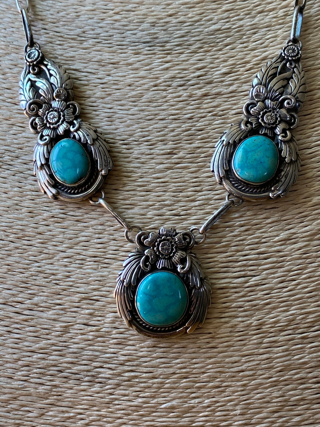 Vintage Navajo Foliate Water Web Turquoise 3-stone Necklace, Sterling ...