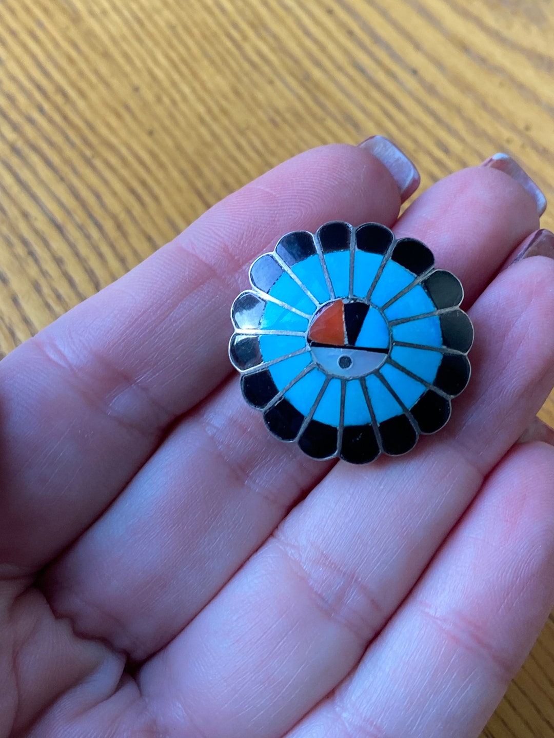 Vintage Zuni Sun Face Pin With Multi-stone Inlay in Turquoise, Coral ...