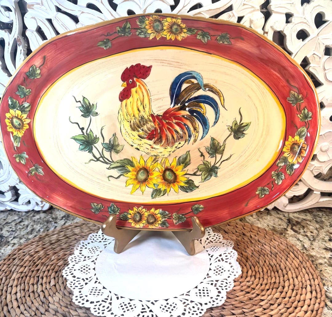 Red Rooster Platter by Maxcera ~ Hand Painted Large Plate - Etsy