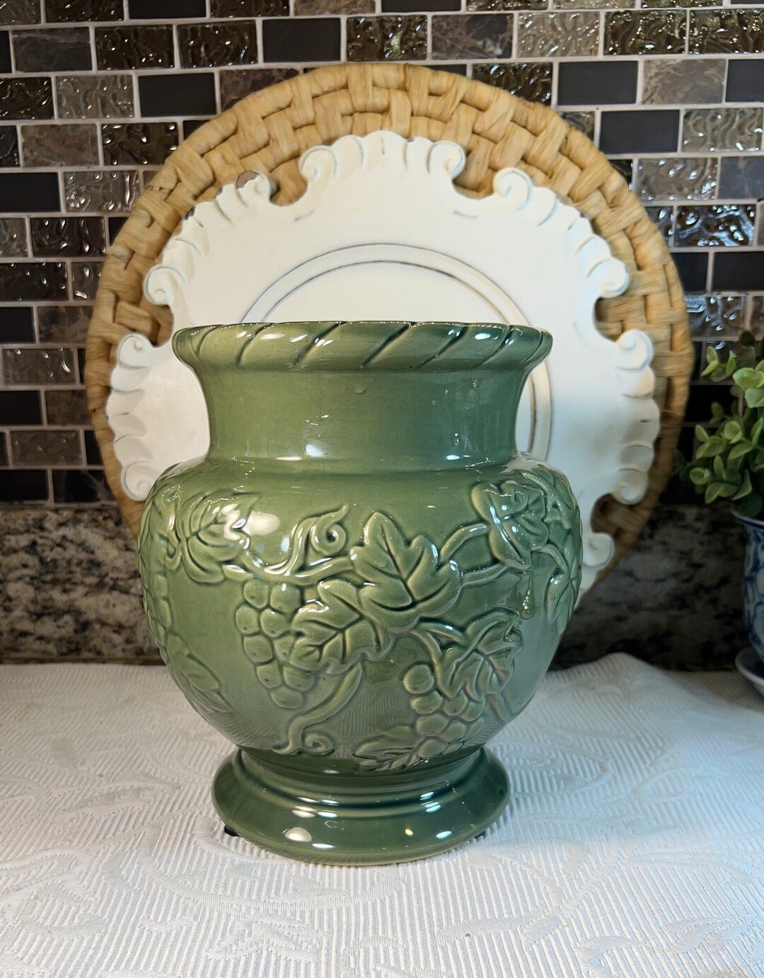 Mosley Potteries Majolica Planter Bowl ~ Green Ceramic Planter Vase ...