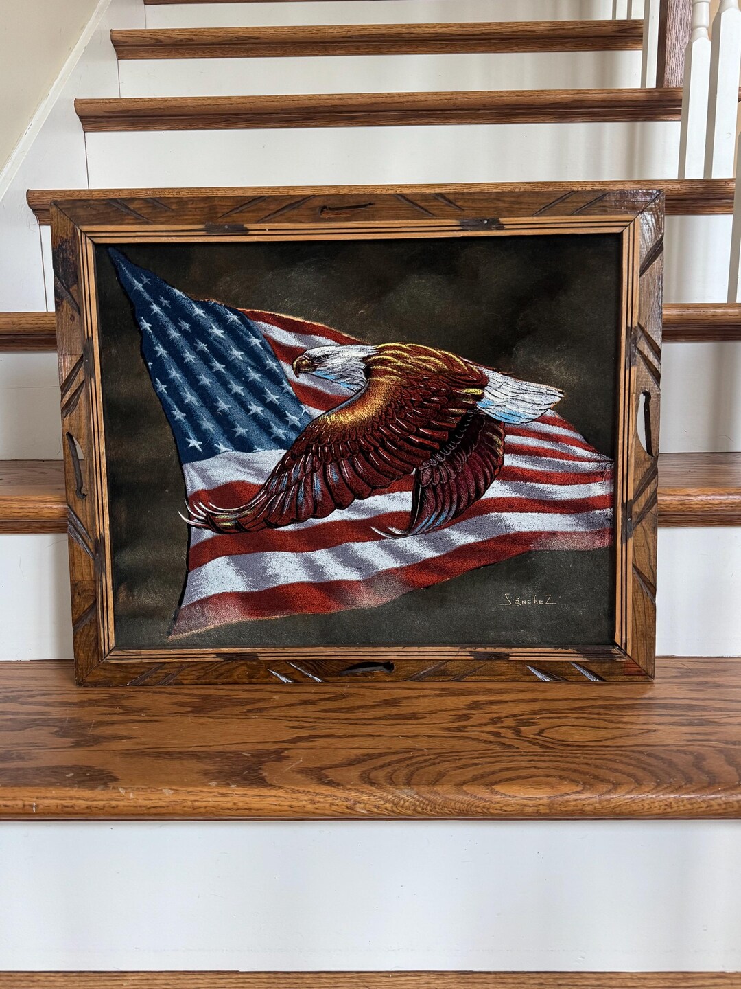 MCM Velvet Eagle Painting in Frame ~ Made in Mexico ~ American Flag ...
