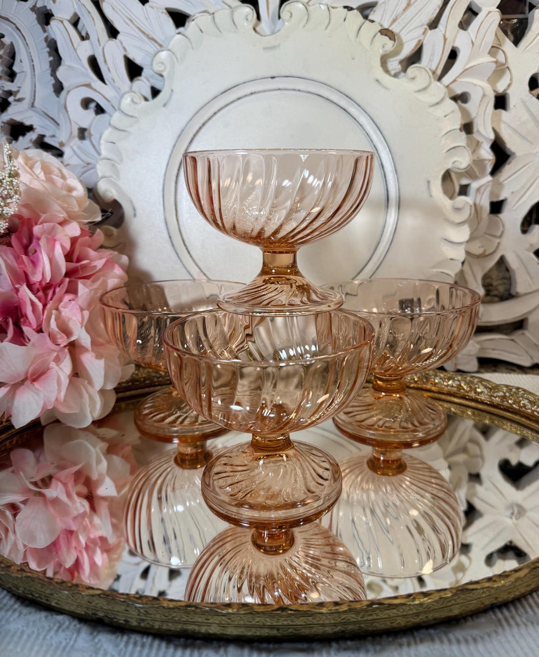 Set of 4 Pink Swirl Vintage Arcoroc France Footed Dessert Bowls ~ Pink ...