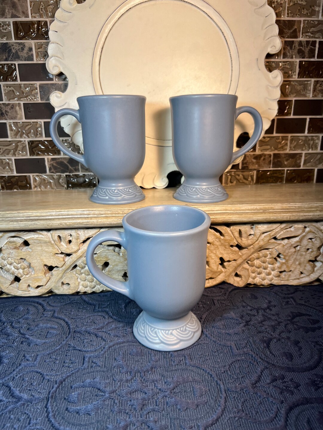 Acadia Bay Blue Mugs by Pfaltzgraff Blue Pedestal Mugs Set of 4 Vintage ...