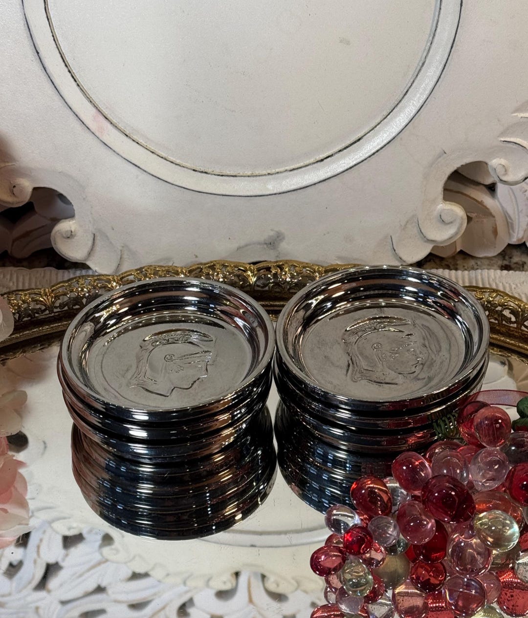 Set of 6 Vintage Mercury Glass Coasters ~ Mid-century Trojan Spartan ...