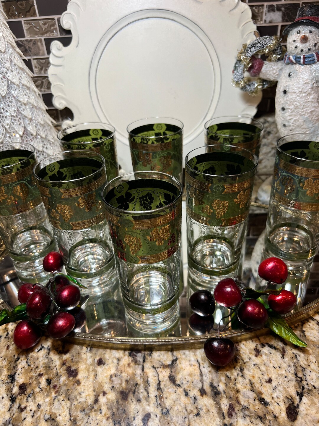 Vintage MCM Cera Golden Grapes Roman Arch Columns Glasses ~ MCM Barware ~ Set of 4 Glass ...