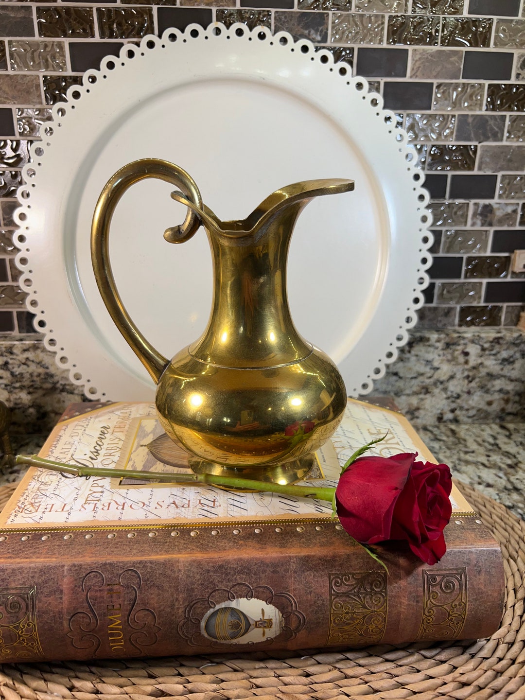 Solid Brass Pitcher Vase~ Vintage Brass Pitcher With Decorative Handle ...