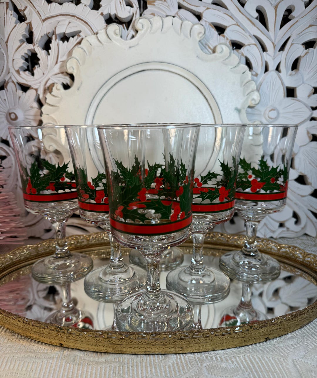 Vintage Libbey Holly & Berries Goblets Christmas Barware Set of 4 Holly ...