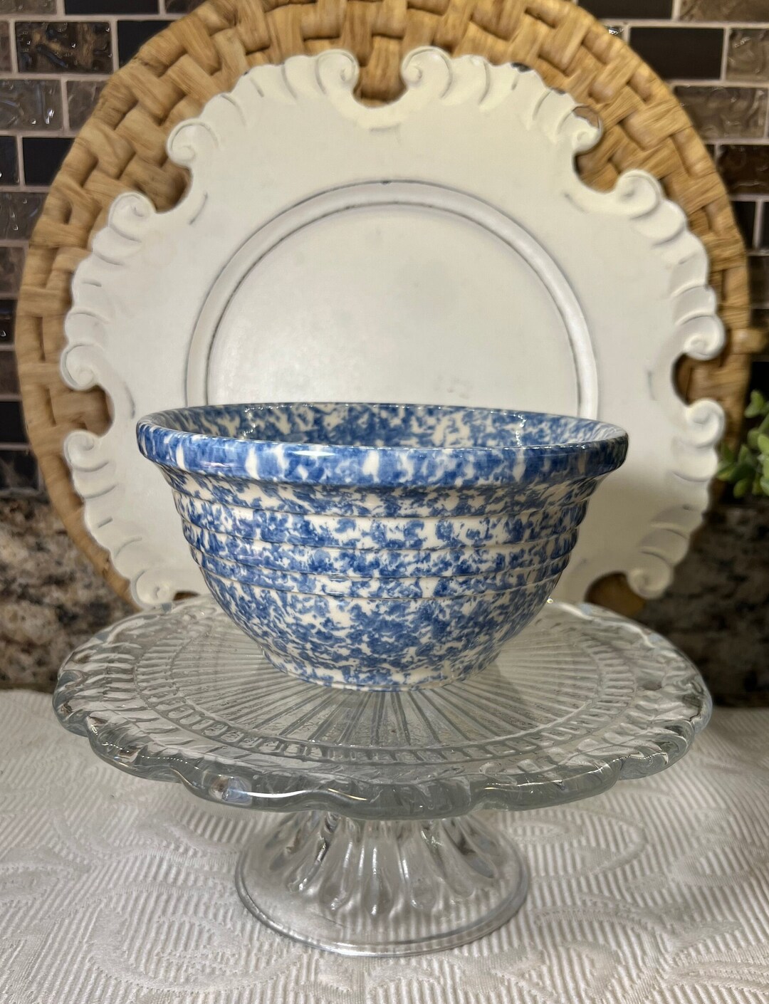 Vintage Gerald Henn Pottery Mixing Bowl Roseville Ohio Blue Spongeware ...