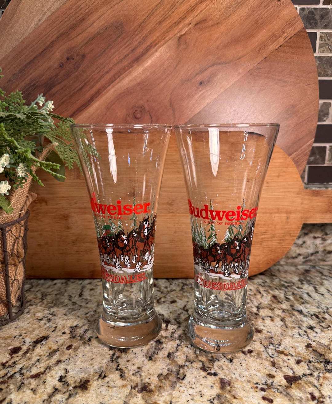Vintage Budweiser Clydesdale Christmas Beer Glasses Pilsner Beer ~ Set ...