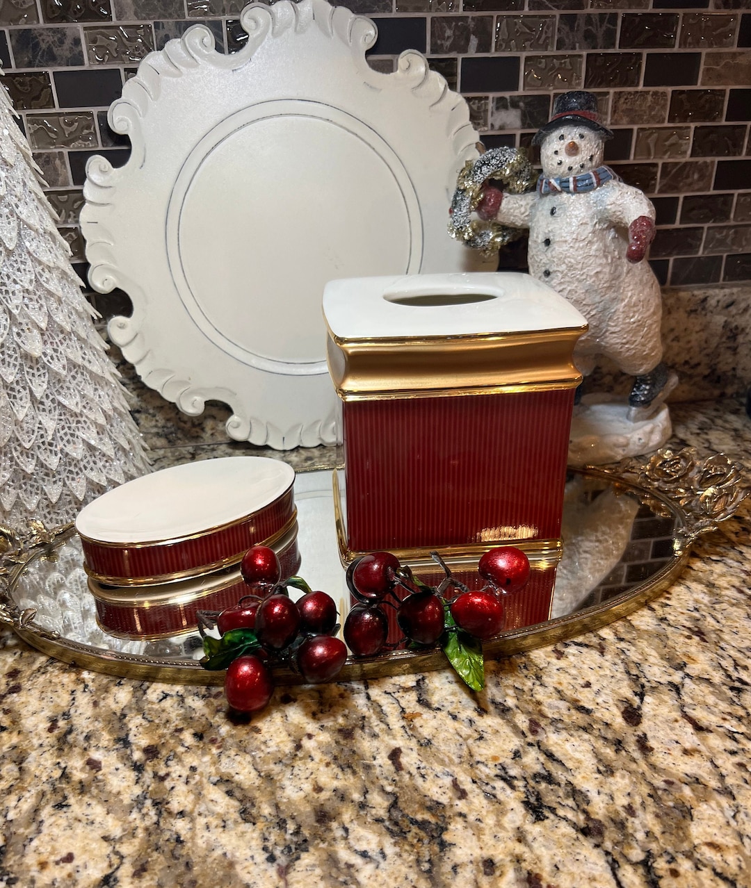 Ceramic Tissue Box Cover & Matching Soap Dish ~ Bath Decor ~ Decorative ...