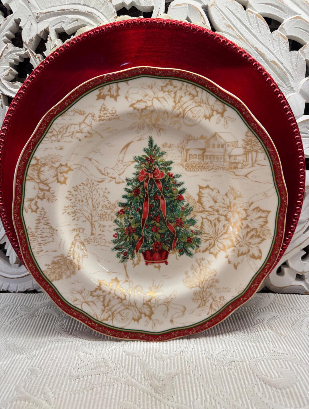 Set of 2 Plates From 222 Fifth Christmas Tree & Toile Dinner Plates ...