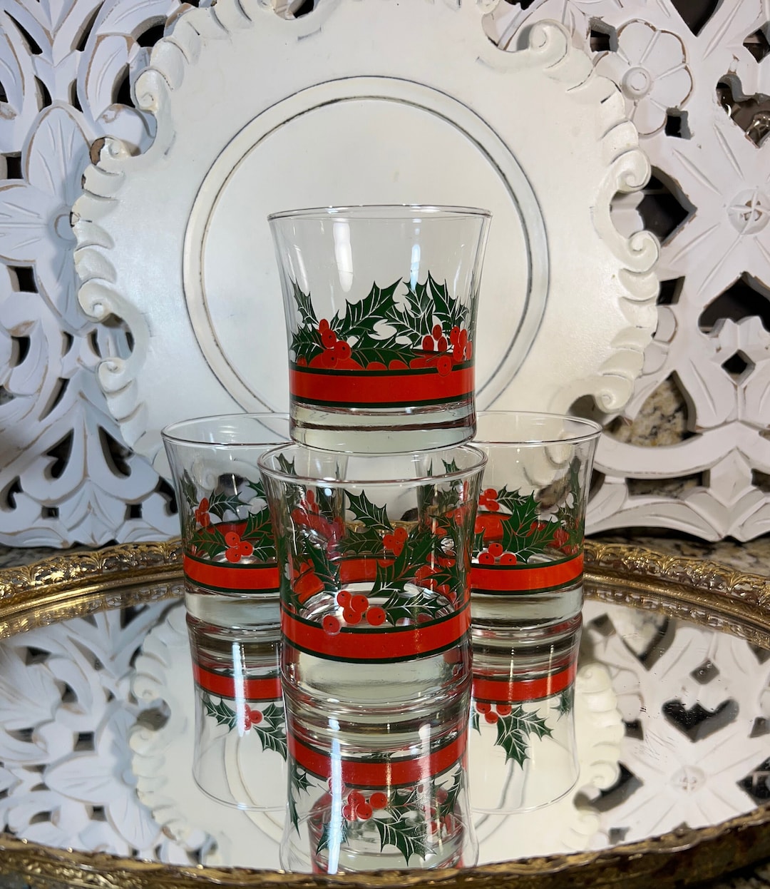 Vintage Libbey Holly & Berries Glassware Double Old Fashion Barware Set ...