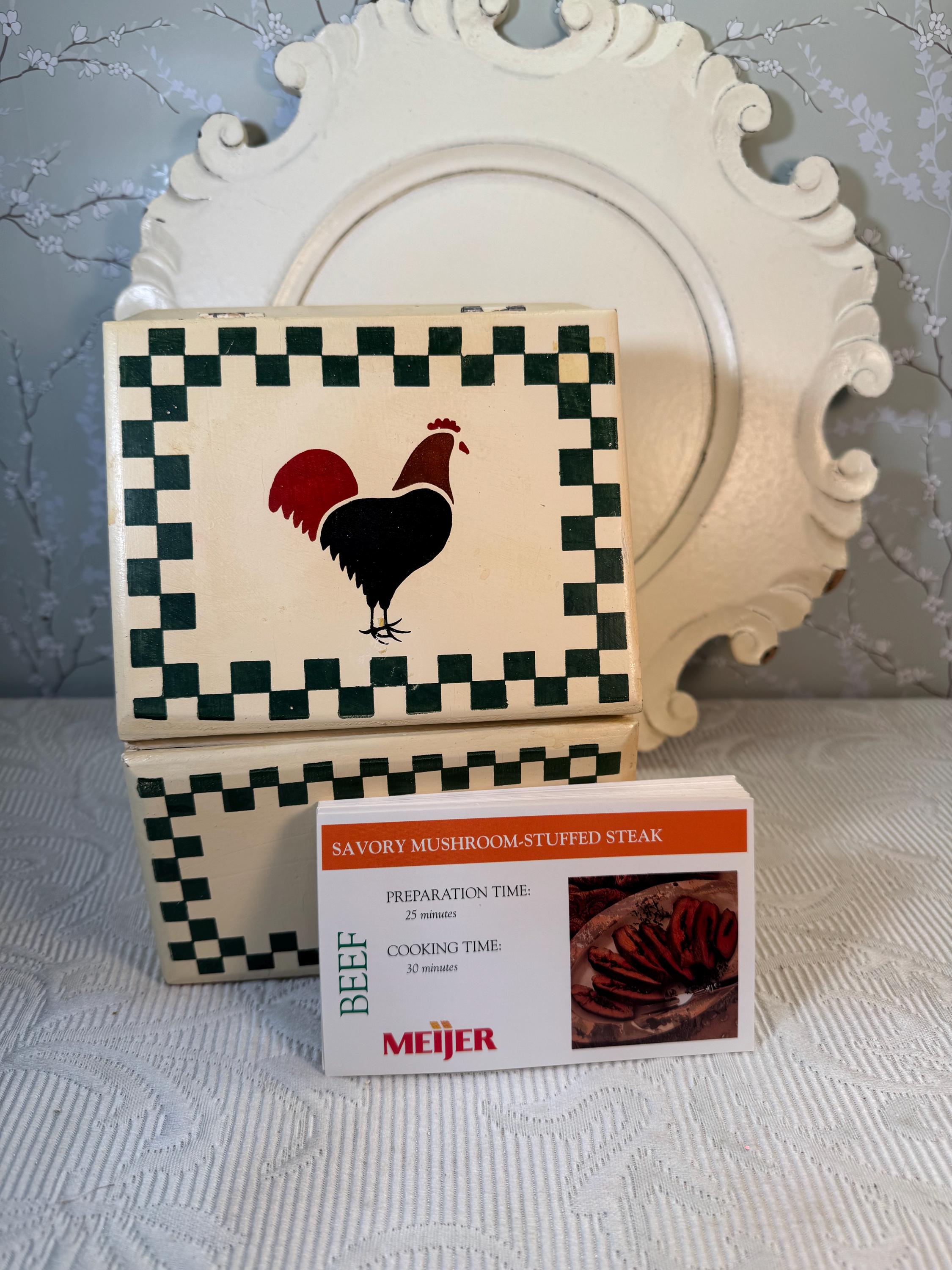 Vintage Hand Painted Recipe Card Organizer Box ~ Rooster Recipe Box ...