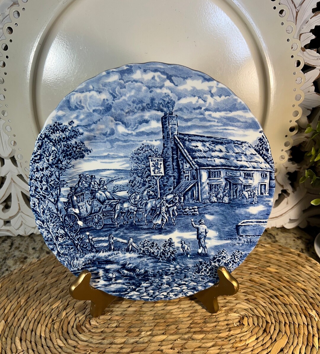 English Ironstone Blue and White English Scene Plates Called the Post ...