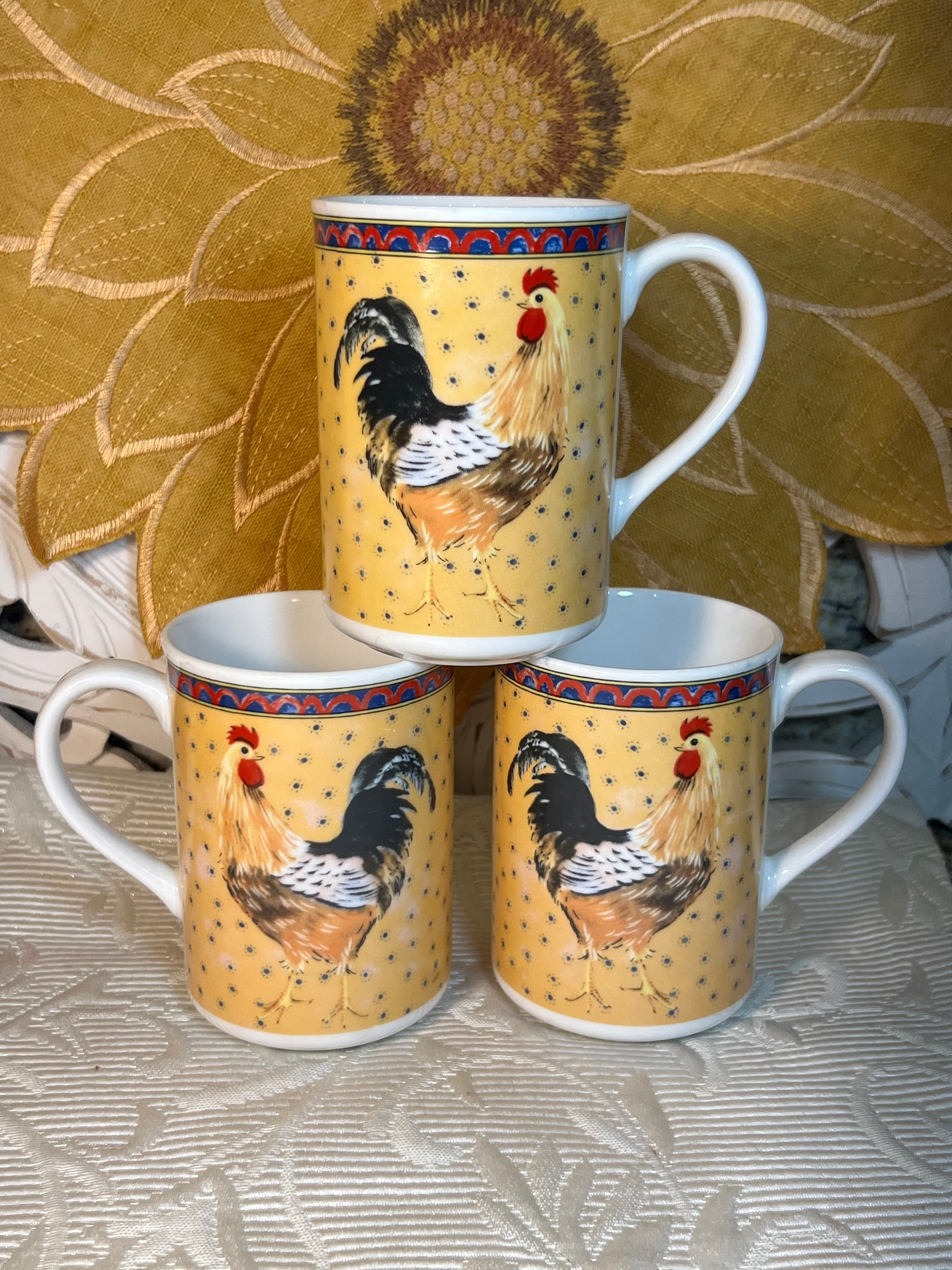 Stoneware Rooster Coffee Mugs ~ Vintage Yellow Rooster Coffee Cups ...