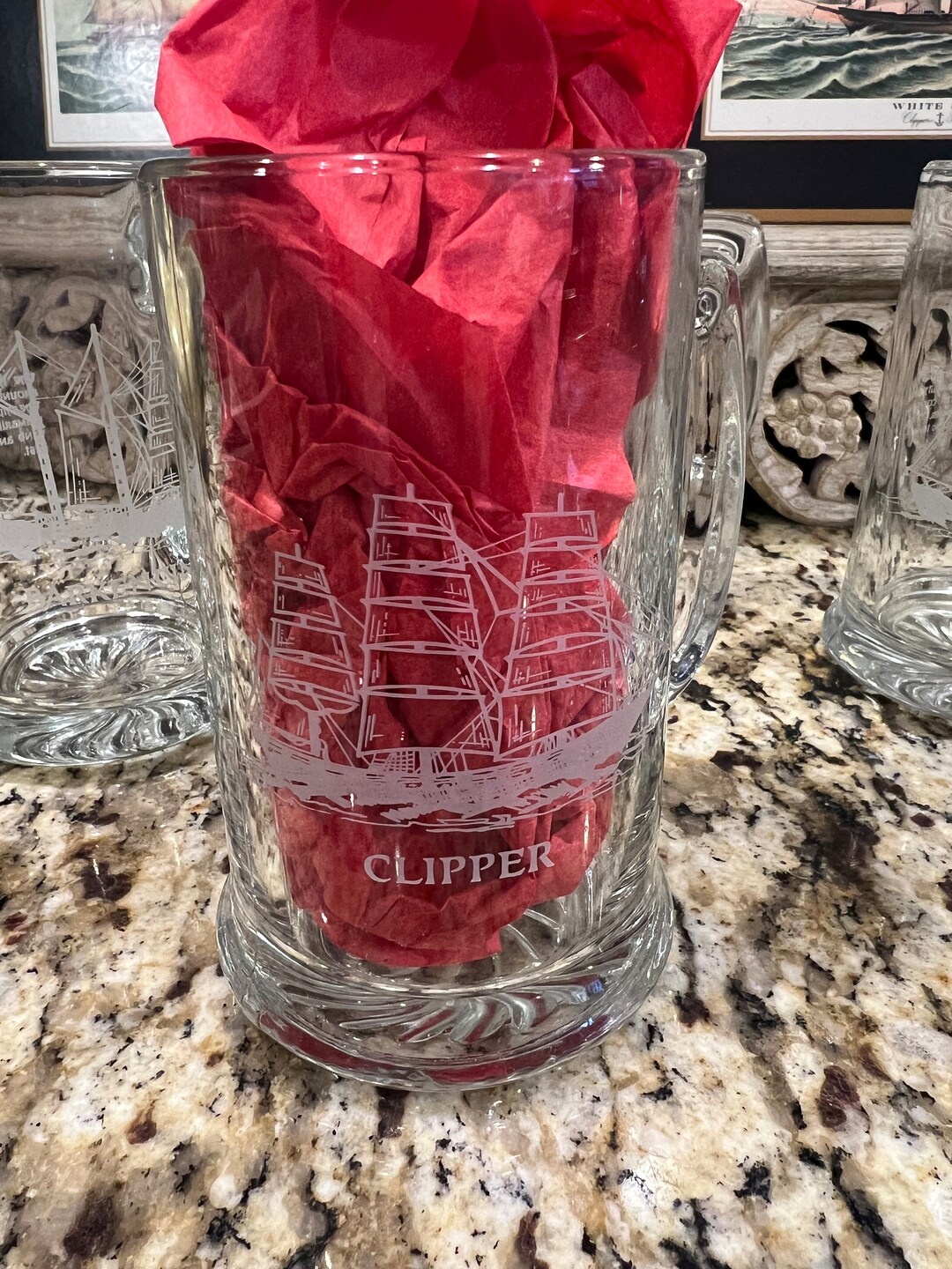 Vintage Clipper Ship Beer Mugs ~ Etched Beer Steins ~ Vintage Barware ...
