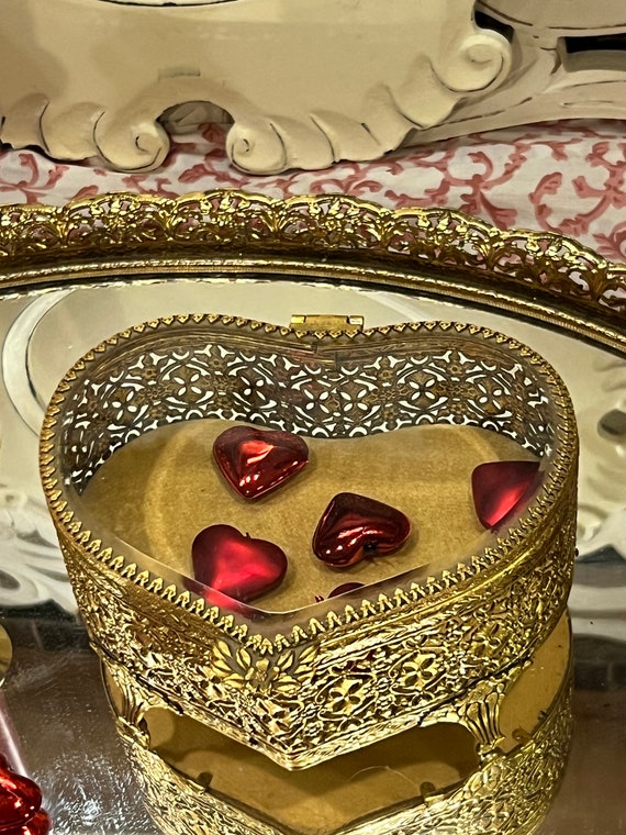 Vintage Heart Shaped Jewelry Casket ~ Glass Gold Fili… - Gem