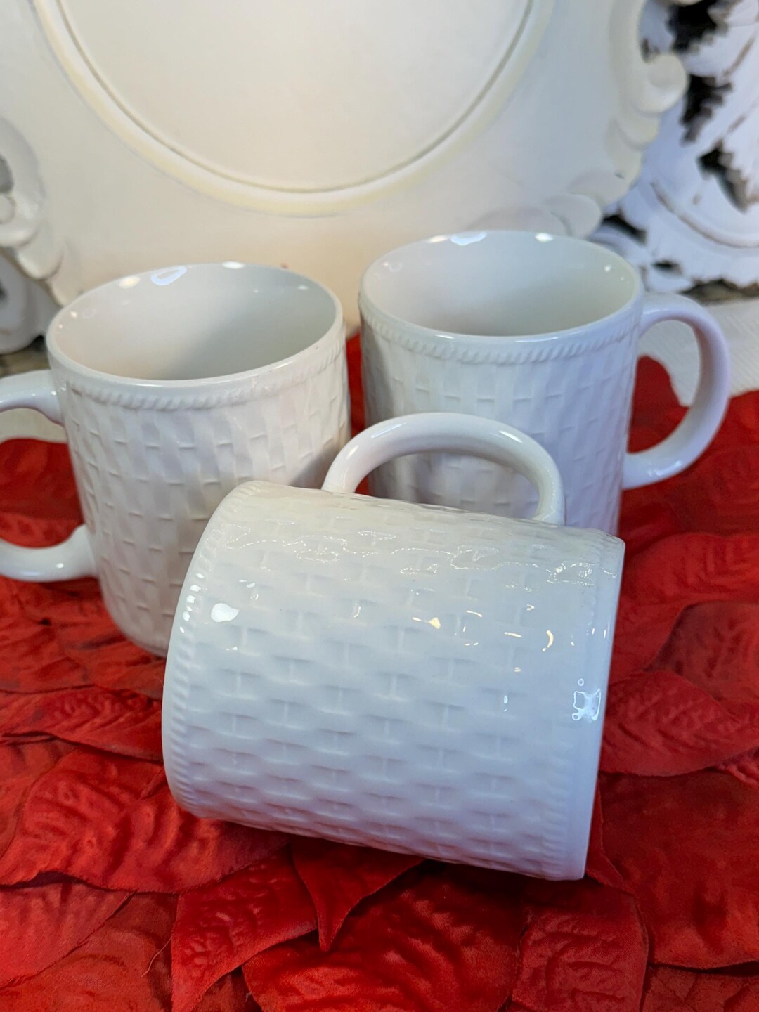 Wicker by Oneida Coffee Mugs Set of 4 White Wicker Basketweave Design ...