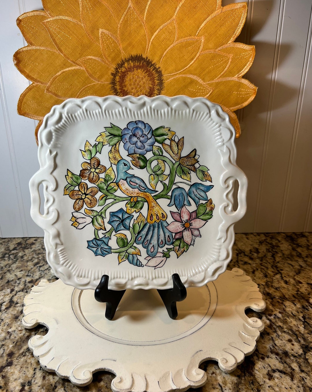 White Ceramic Decorative Serving Plate With Flowers and Bird ~ Signed ...